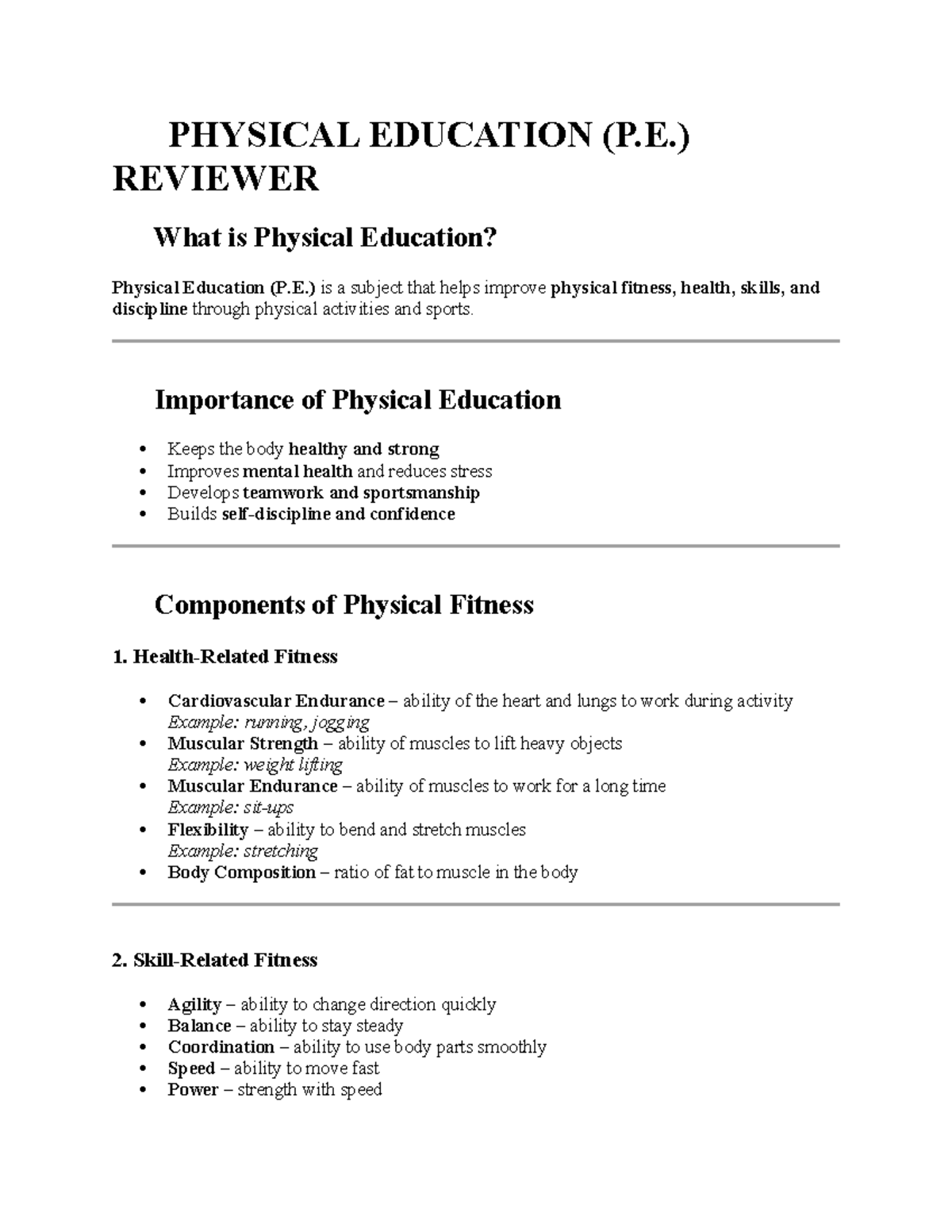 P.E. REVIEWER: Understanding Physical Education & Fitness Components ...