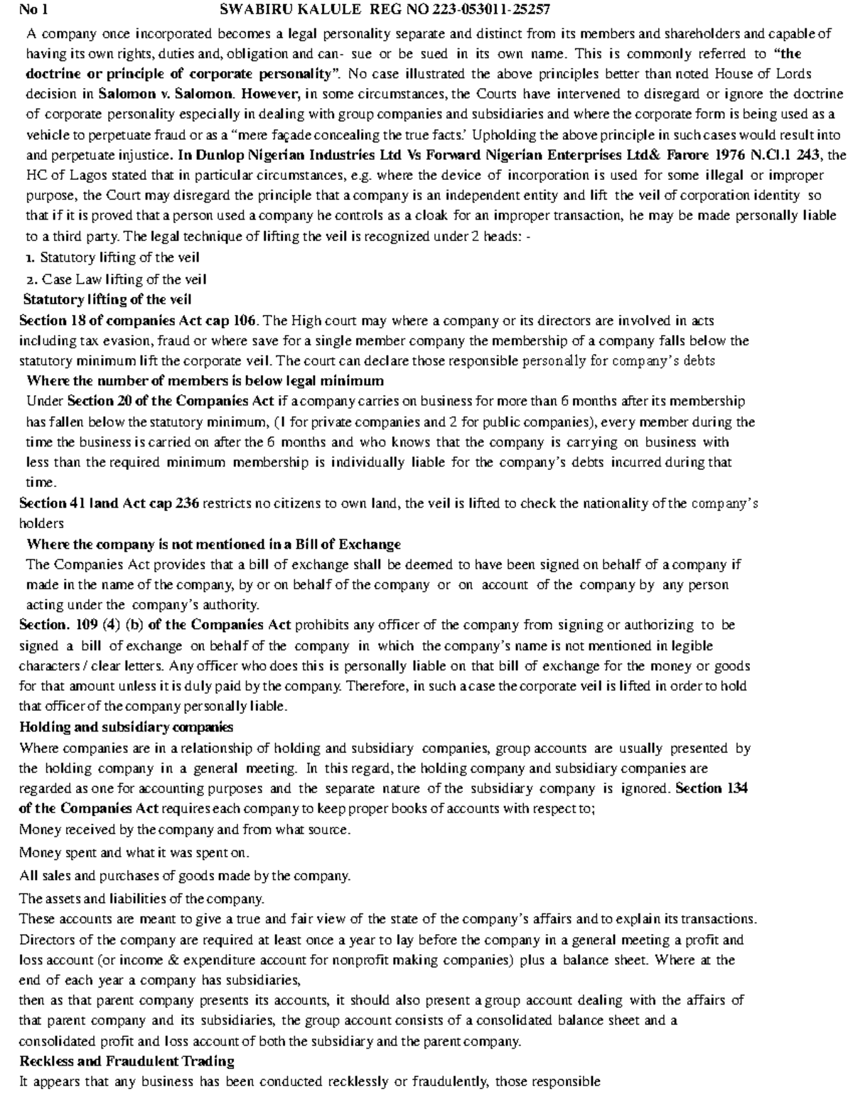 Lifting the Veil of Incorporation: Legal Principles & Cases - Studocu