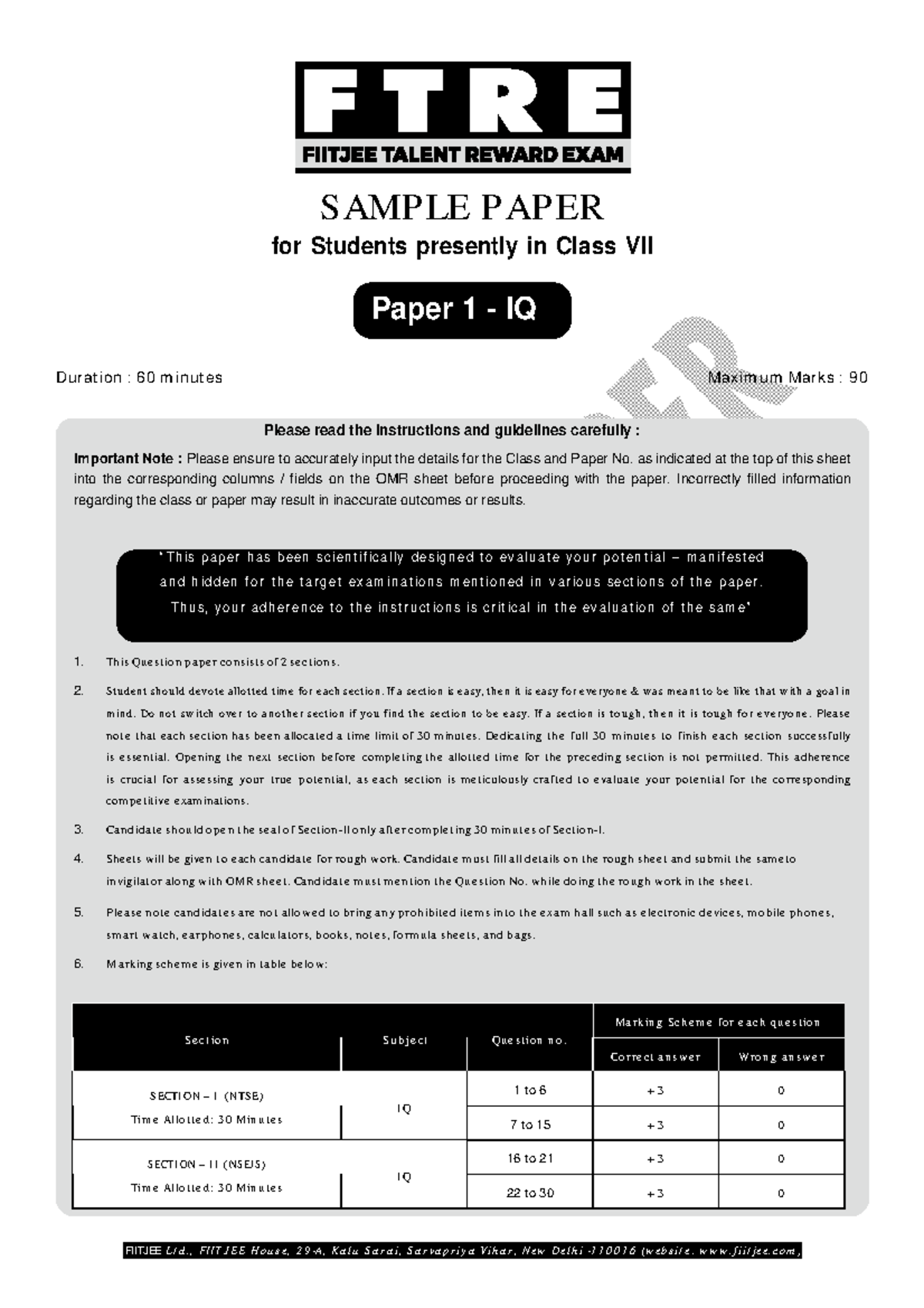 FTRE 2023 Sample Paper - Class VII - Paper 1 IQ - Studocu