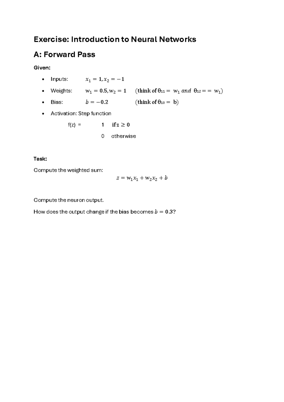 Neural Network Exercise: Forward Pass & Activation Functions - Studocu