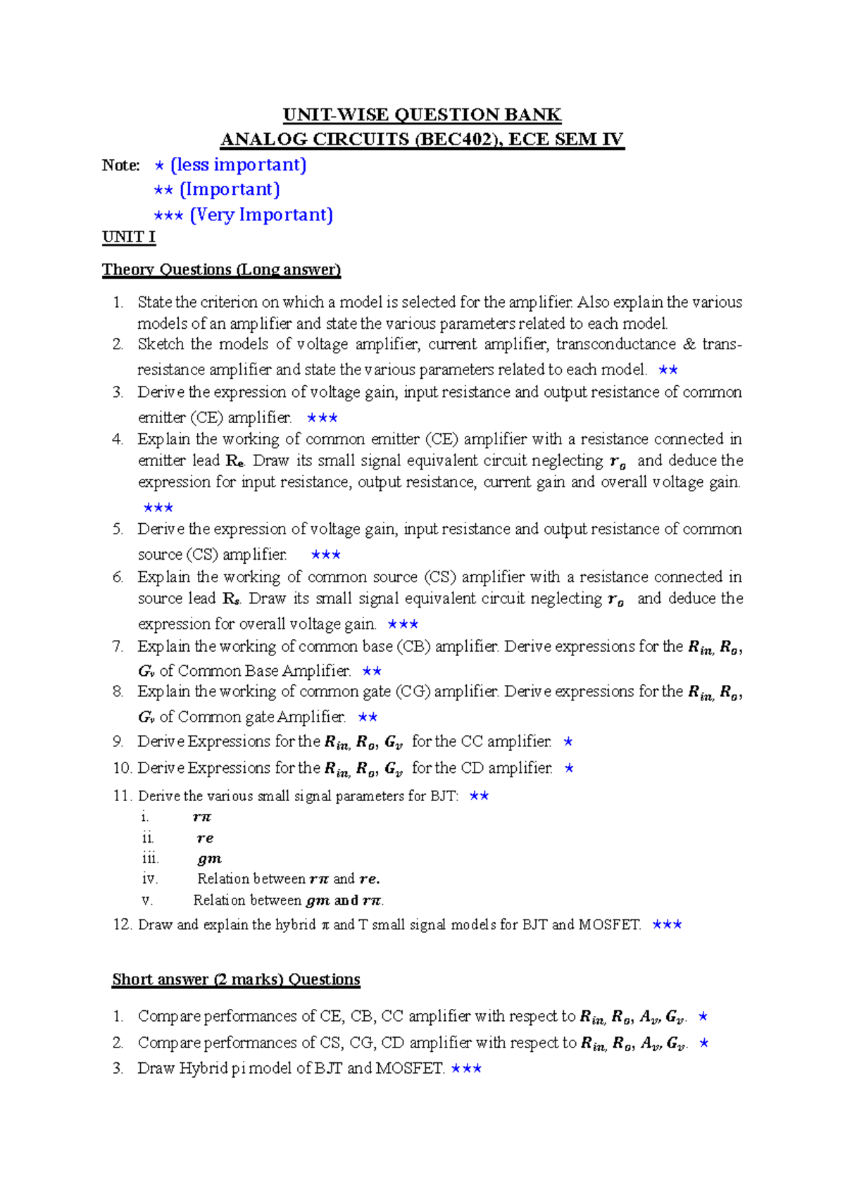 Unit-Wise Question Bank for Analog Circuits BEC402 - ECE Semester IV ...