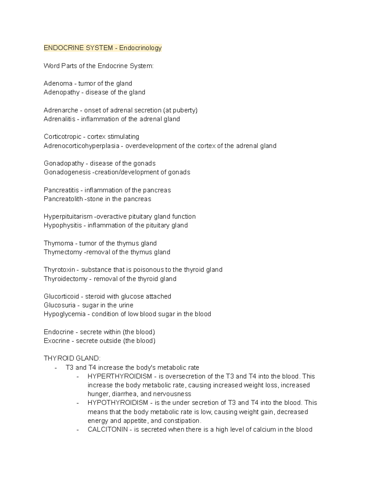 Midterm Study Notes for ENDOCRINE SYSTEM - Med Term CH 7 - Studocu