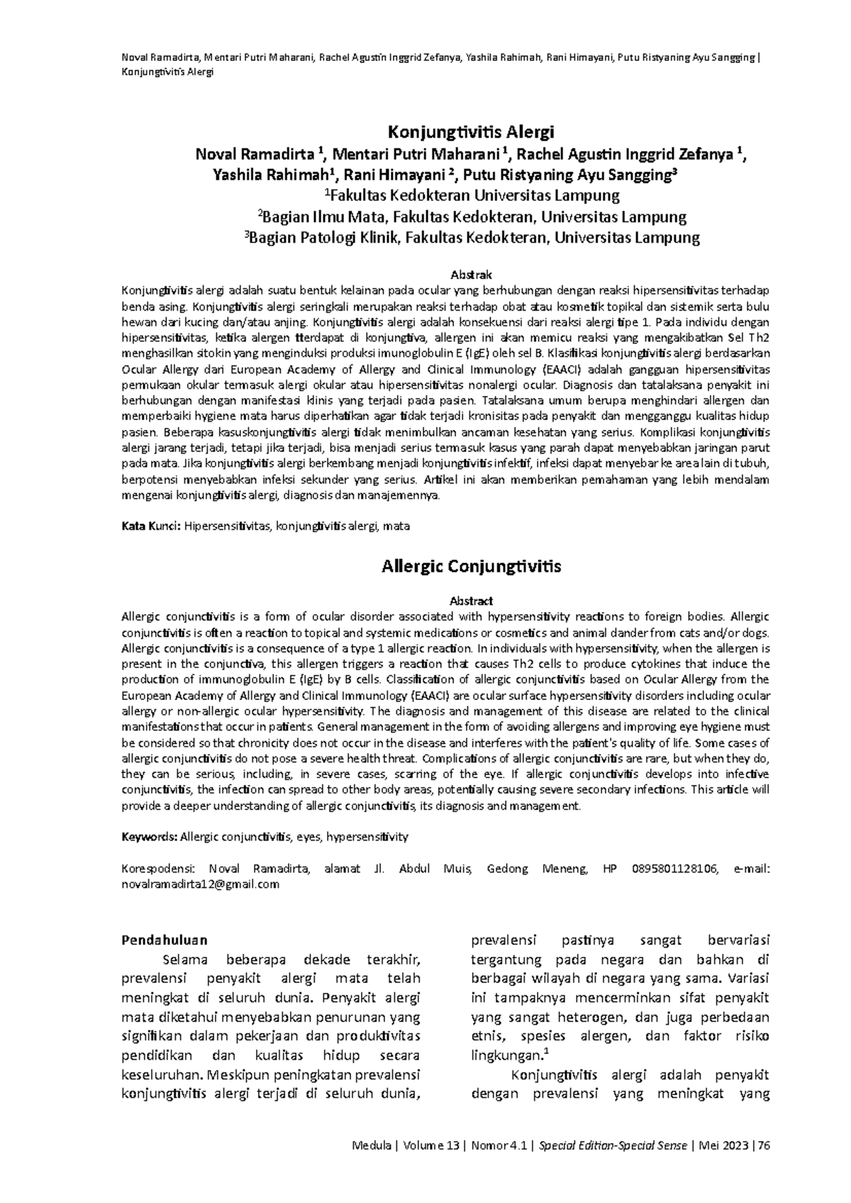 Konjungtivitis Alergi: Diagnosis dan Manajemen - Medula Volume 13 No. 4.1 - Studocu