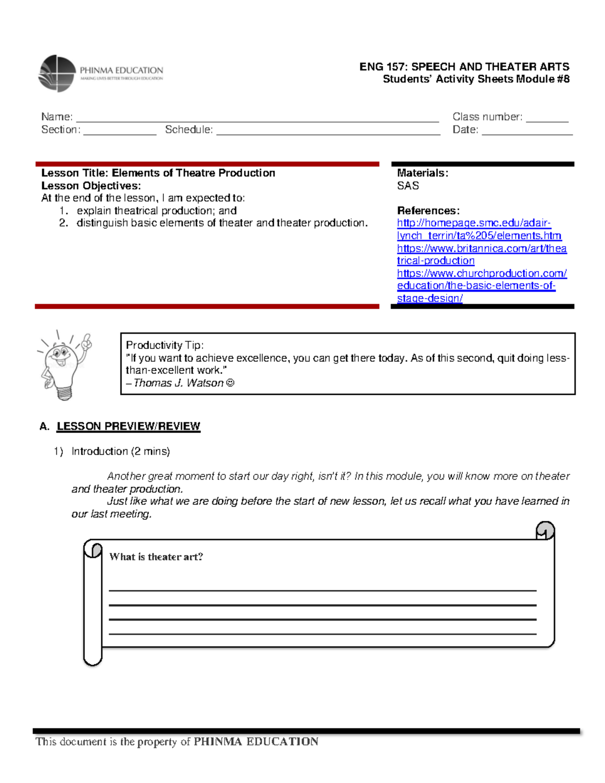 SAS#8 - ENG157 - to help students - Students’ Activity Sheets Module # Name: - Studocu