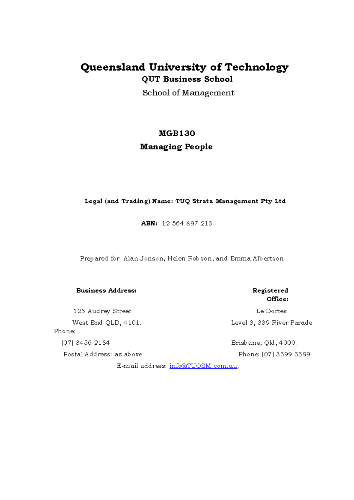 MGB130 - TUQ Case Study 2024 Sem 1 - Queensland University of ...