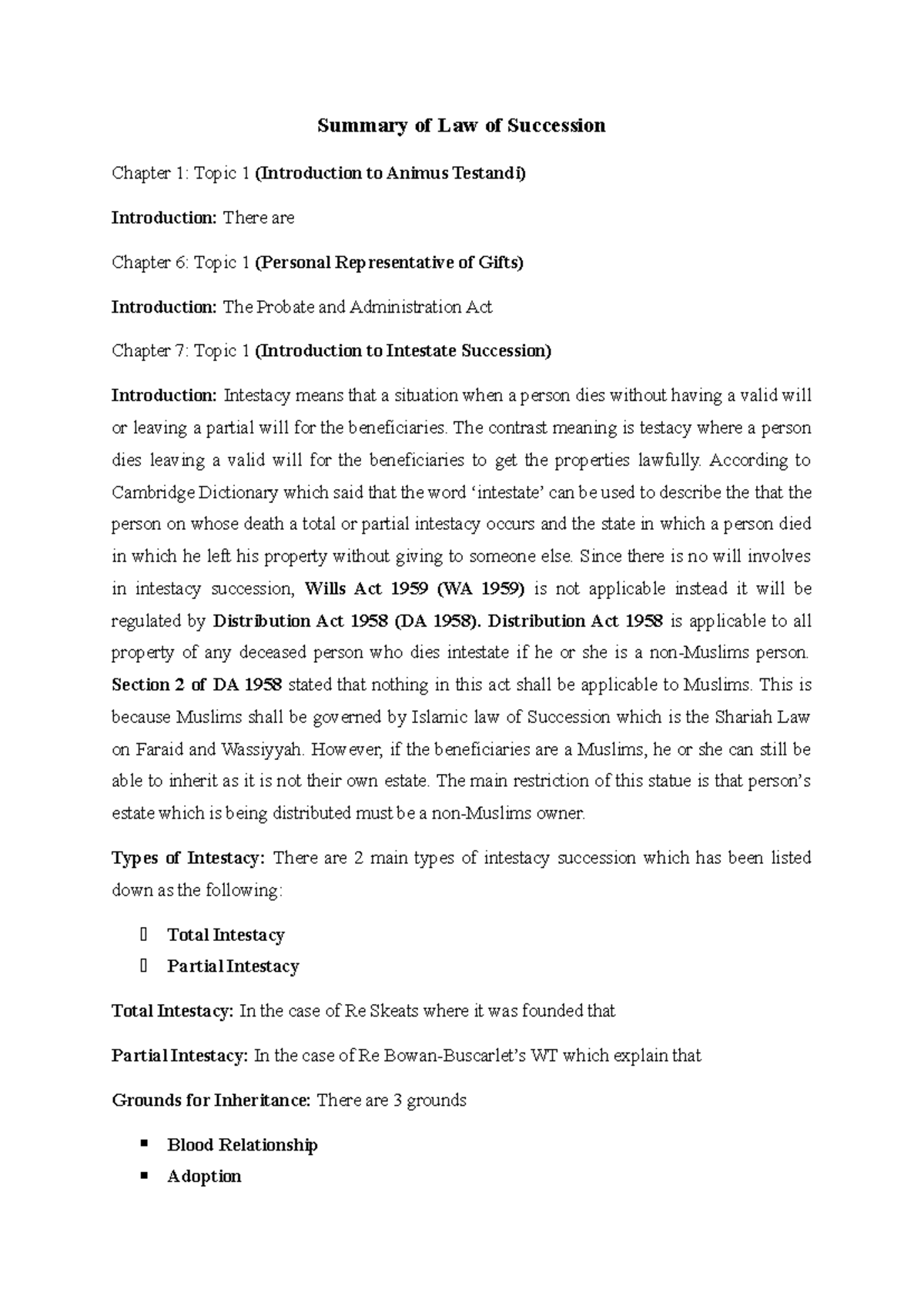 Summary of Law of Succession: Intestate Succession Overview - Studocu