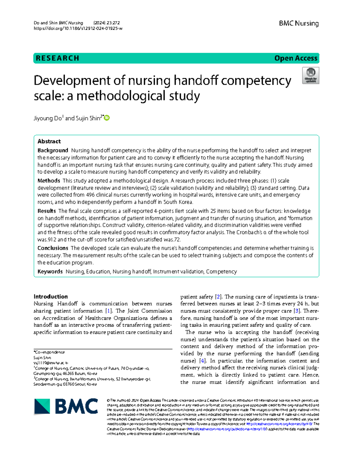 Development and Validation of Nursing Handoff Competency Scale (NUR ...