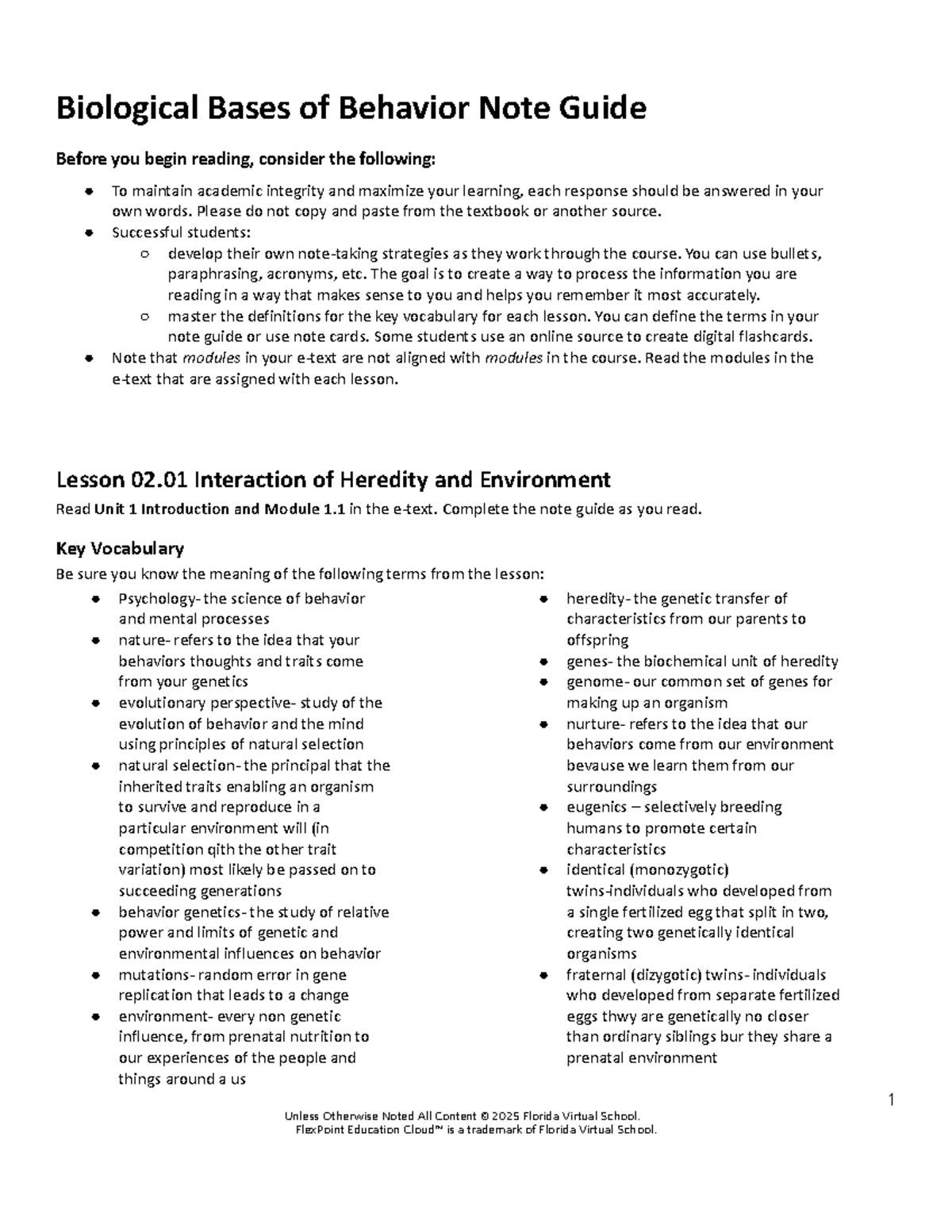 Biological Bases of Behavior Note Guide - AP Psychology Modules 1.1-1.6 ...