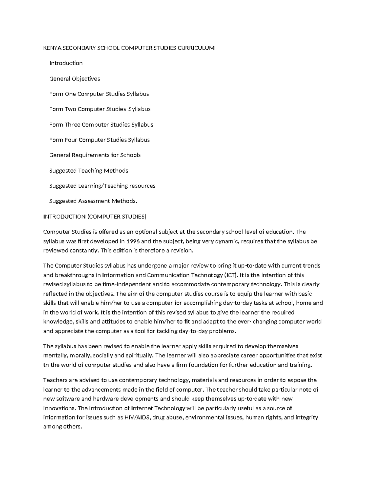 Kenya Secondary School Computer Studies Syllabus for Forms 1-4 - Studocu