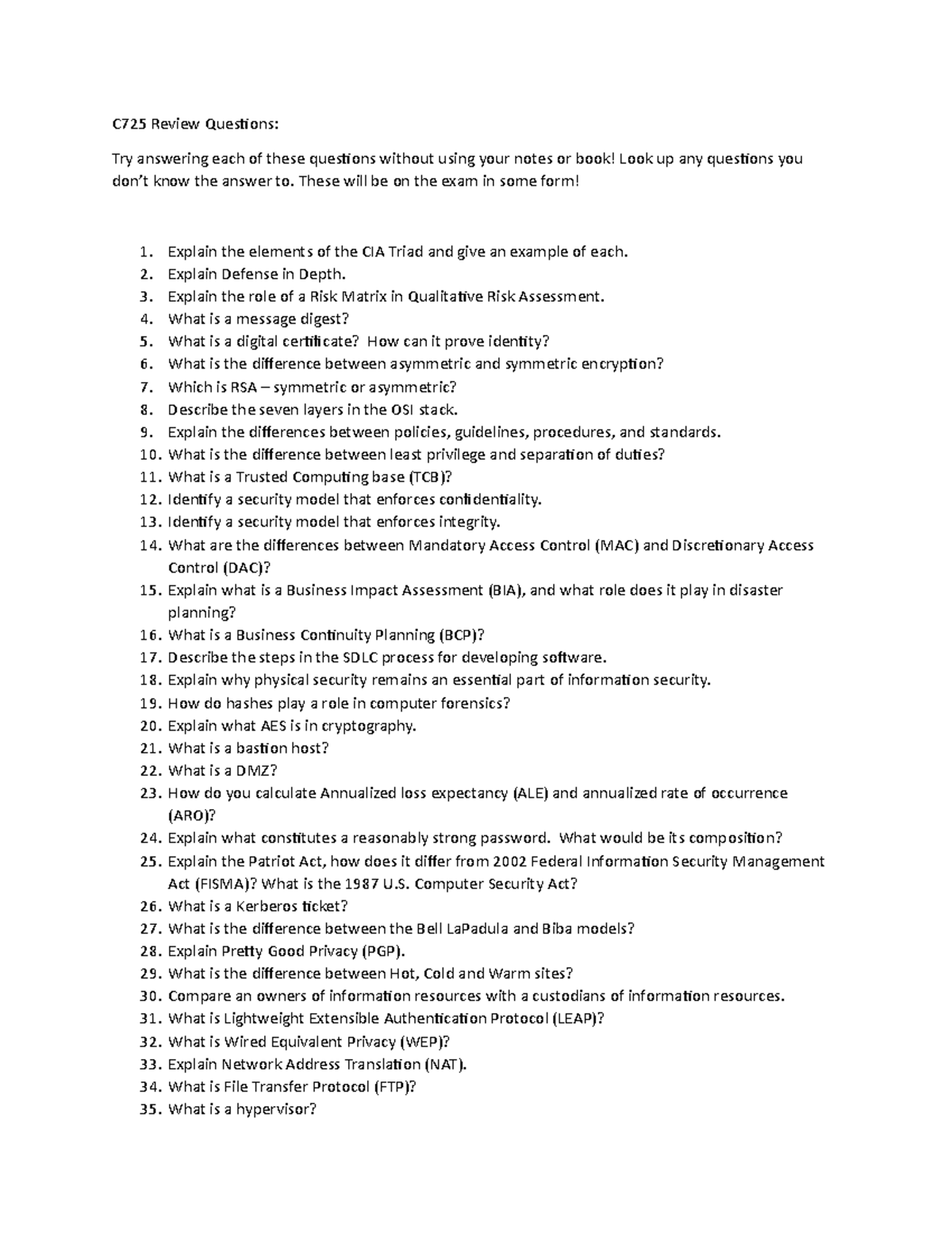 C725 Review Questions - Study Guide for the C725 class to help you ...