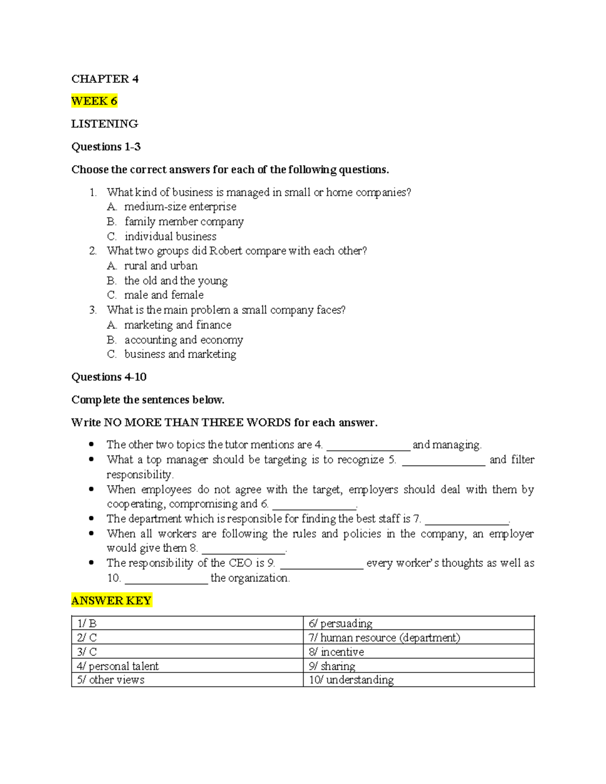 Chapter 4 (Week 6) Listening & Reading Exercises with Answers - Studocu