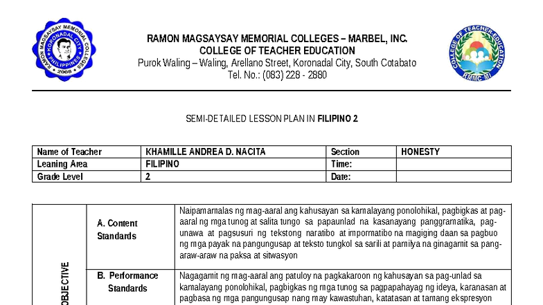 LESSON PLAN IN FILIPINO 2: SALITANG KILOS by KHAMILLE ANDREA D. NACITA ...