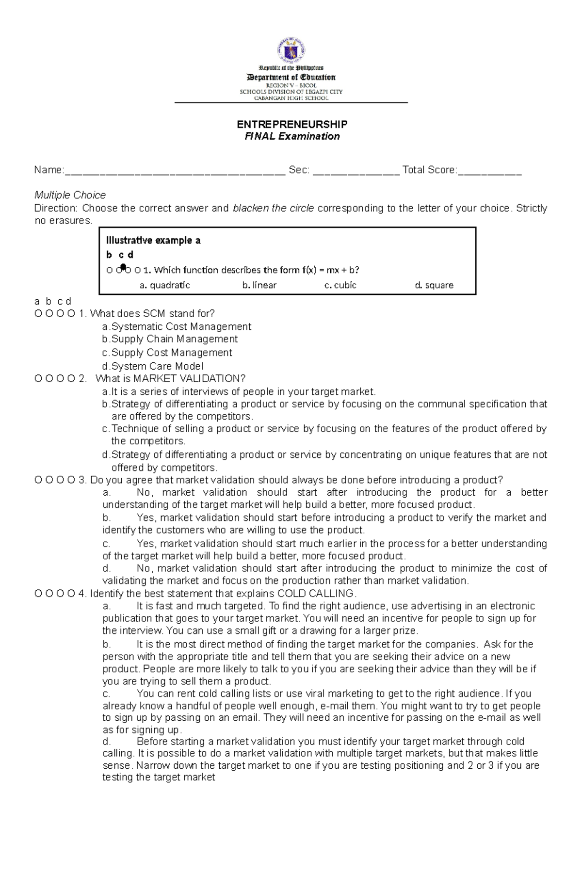 Entrep Final exam - Lecture - ENTREPRENEURSHIP FINAL Examination - Studocu