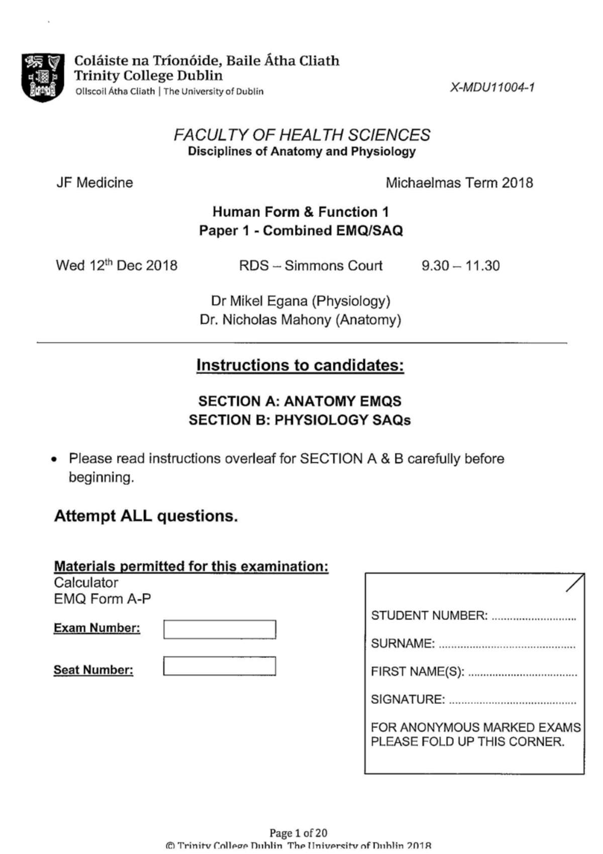 X-MDU11004-1 Past Exam Papers for Medicine at TCD - Studocu