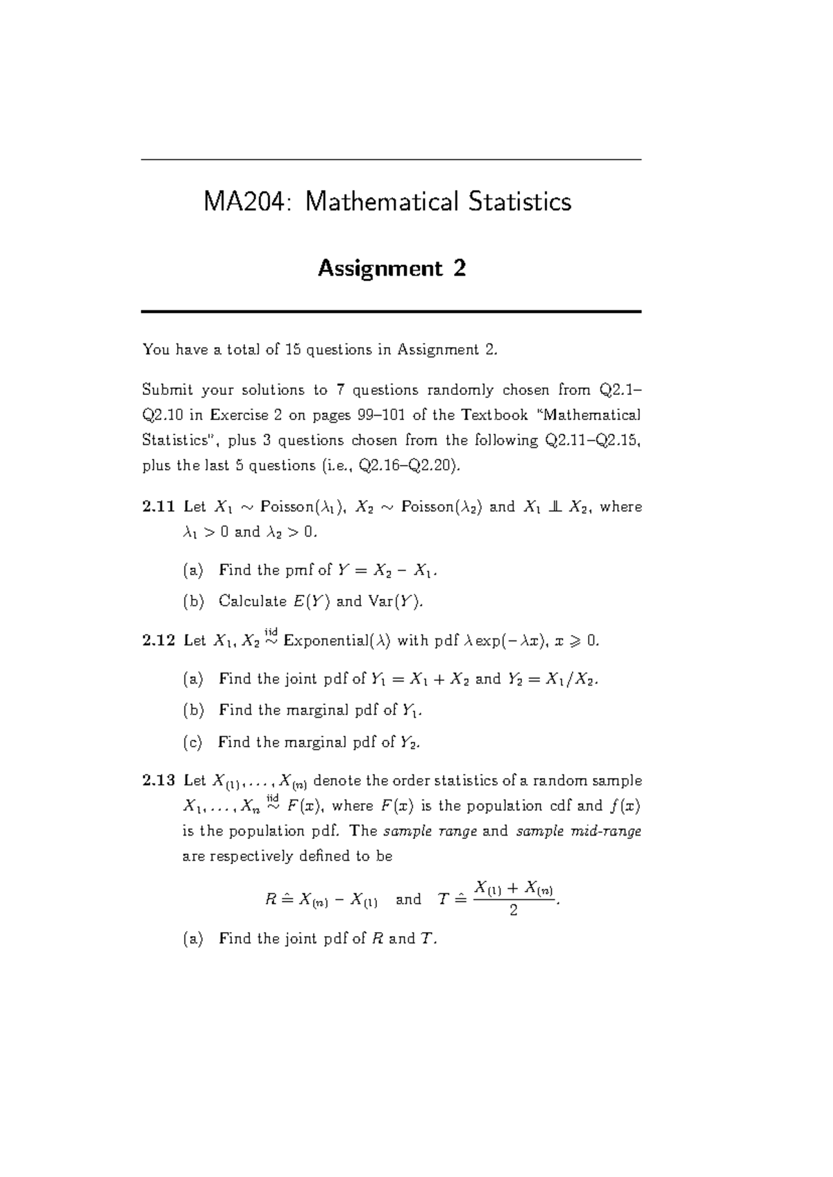 MA204: Mathematical Statistics Assignment 2 - Problem Set Overview - Studocu