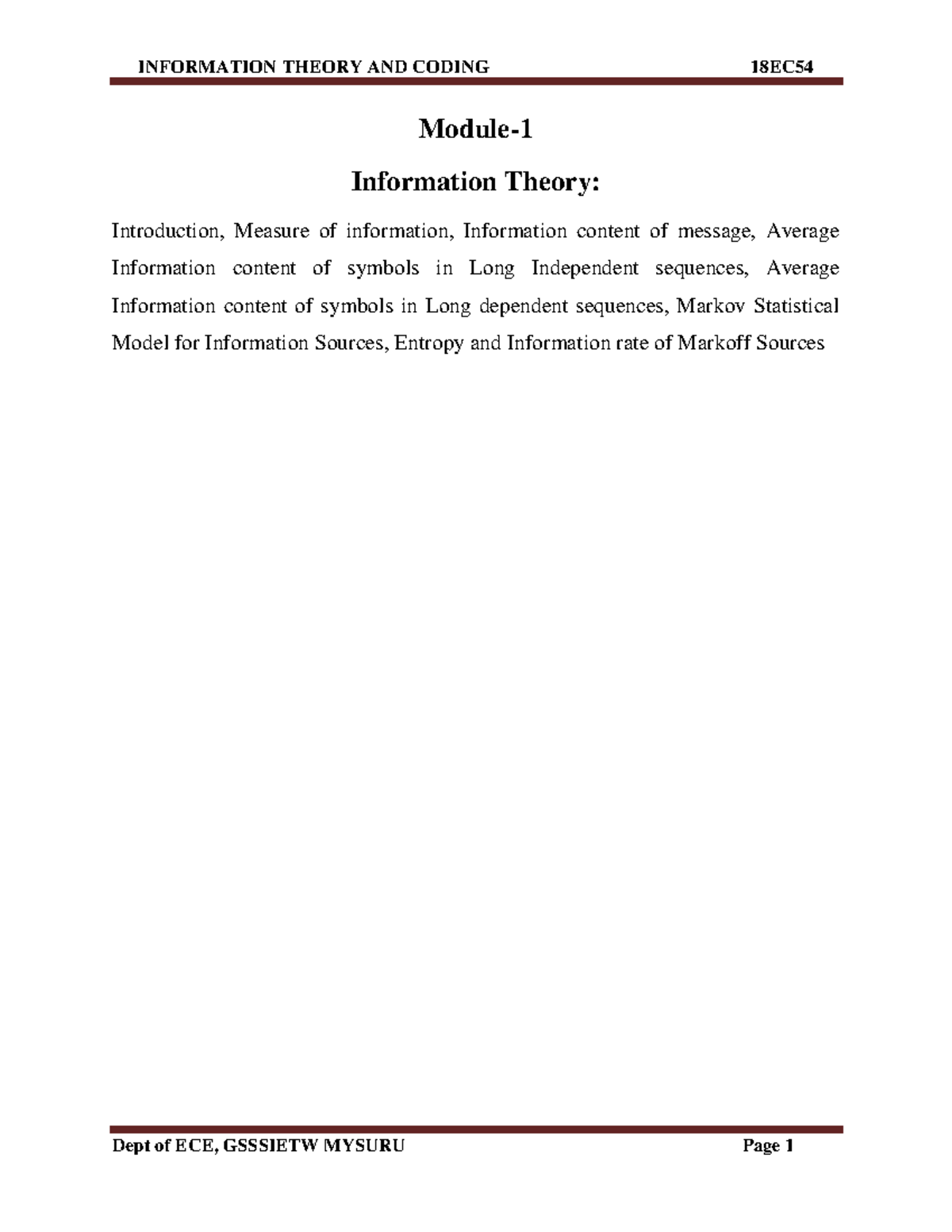 ITC Notes full - Information Theory and Coding - Module- Information ...
