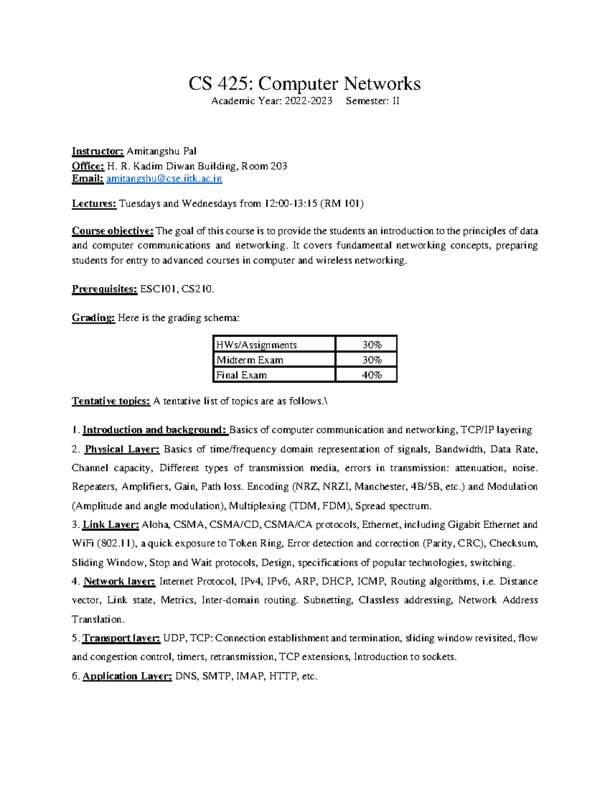 CS425 Computer Networks Course Overview and Syllabus (AY 2022-23) - Studocu