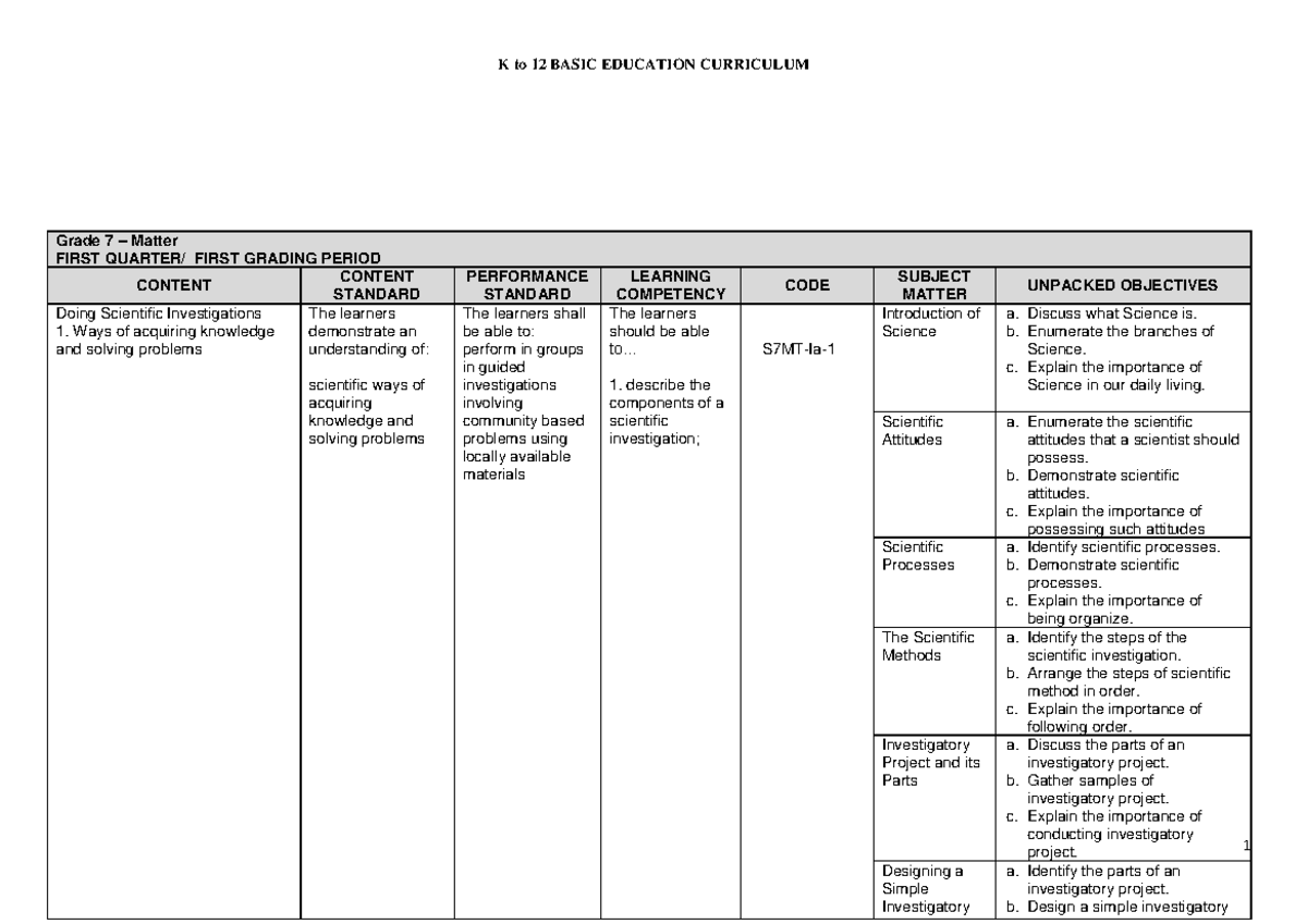 K to 12 BASIC EDUCATION CURRICULUM Grade 7 Science: First Grading ...