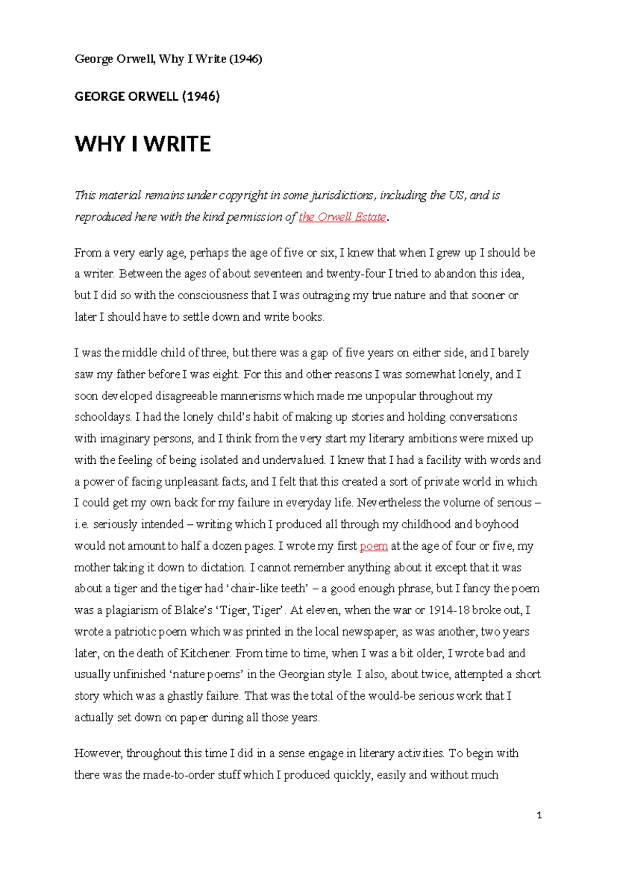 George Orwell's "Why I Write" Analysis (1946) - Studocu