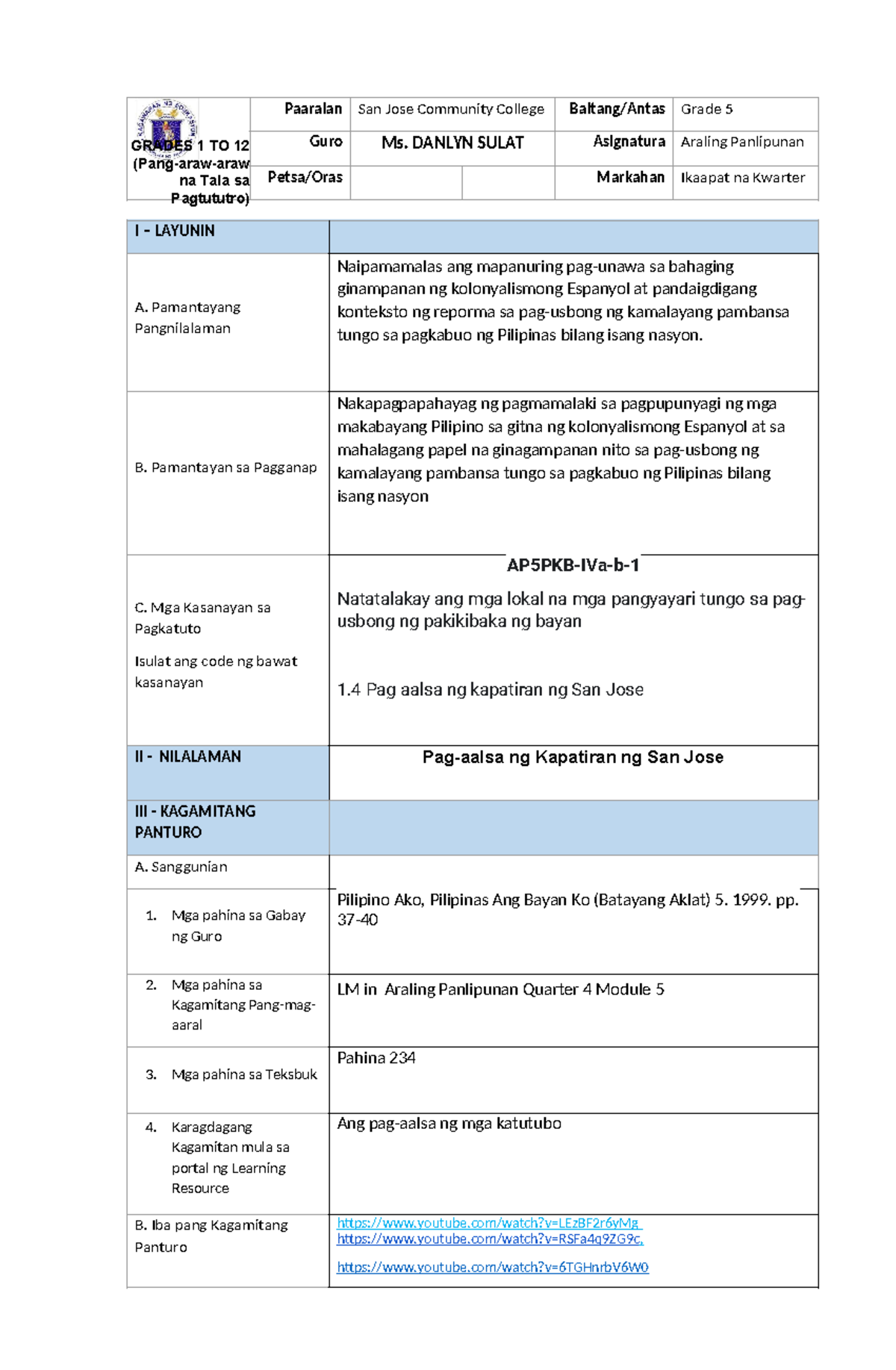 Lesson Plan for Araling Panlipunan (BEED) - Grade 5 - Studocu