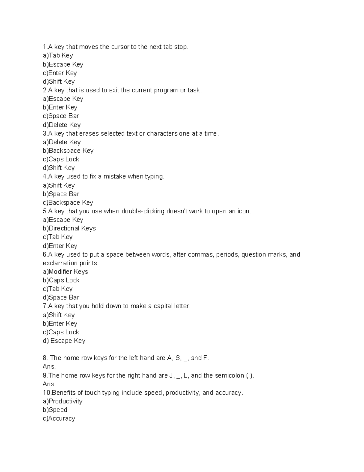 Keyboard Shortcuts and Touch Typing Techniques - Final Exam Review - 1 ...