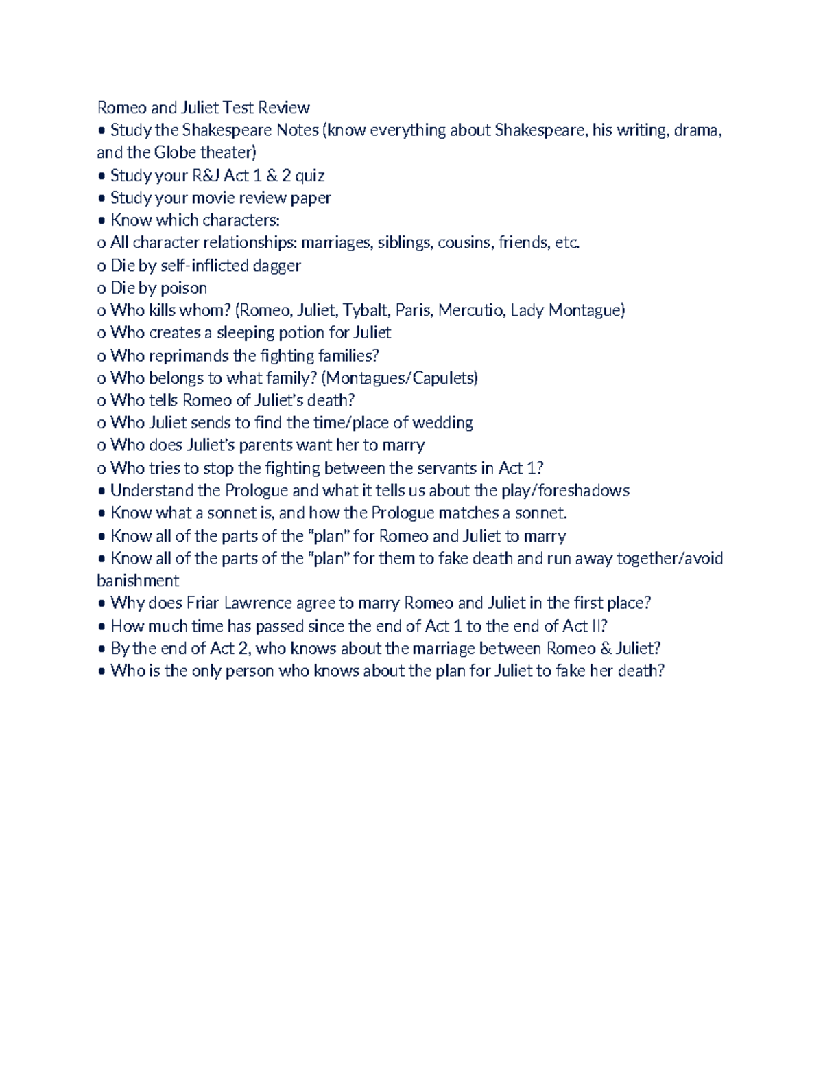 Romeo and Juliet Test Review: Key Concepts & Character Relationships ...