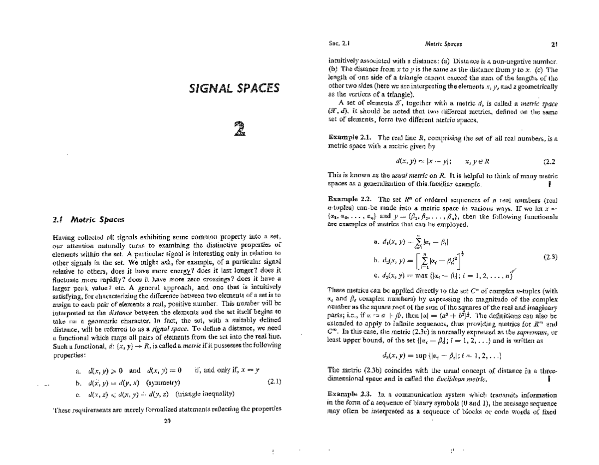 Signal Theory LE Franks: Metric and Linear Spaces (Chapters 2-3) - Studocu