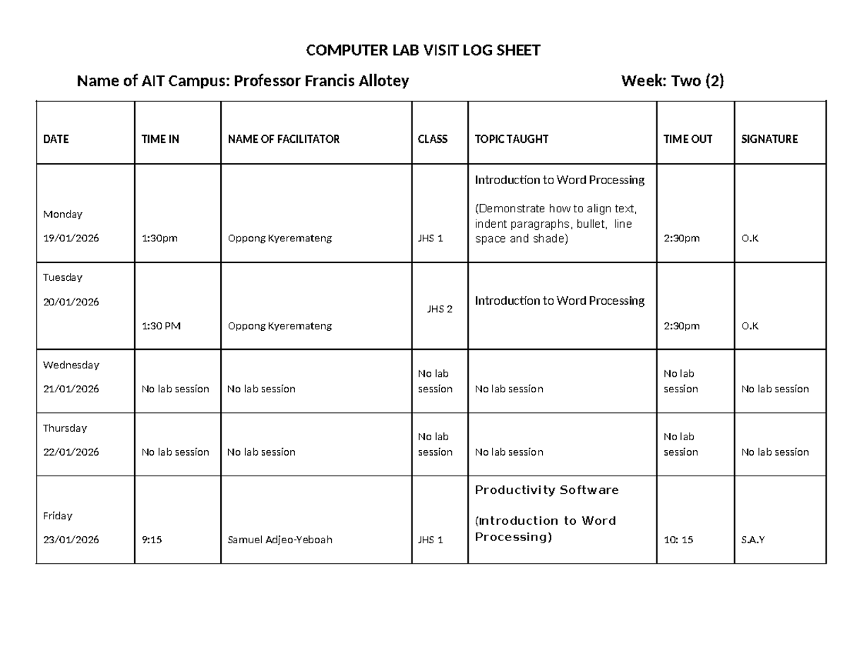 Week 2 Computer LAB Visit Log Sheet - Introduction to Word Processing ...