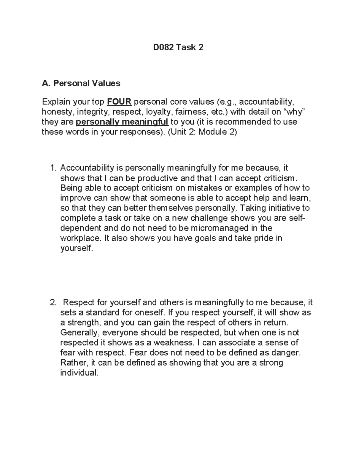 D082 Task 2: Personal Core Values & Cultural Intelligence Analysis ...