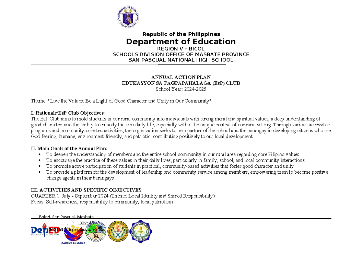 Annual Action Plan for EsP Club SY 2024-2025: Values and Community ...