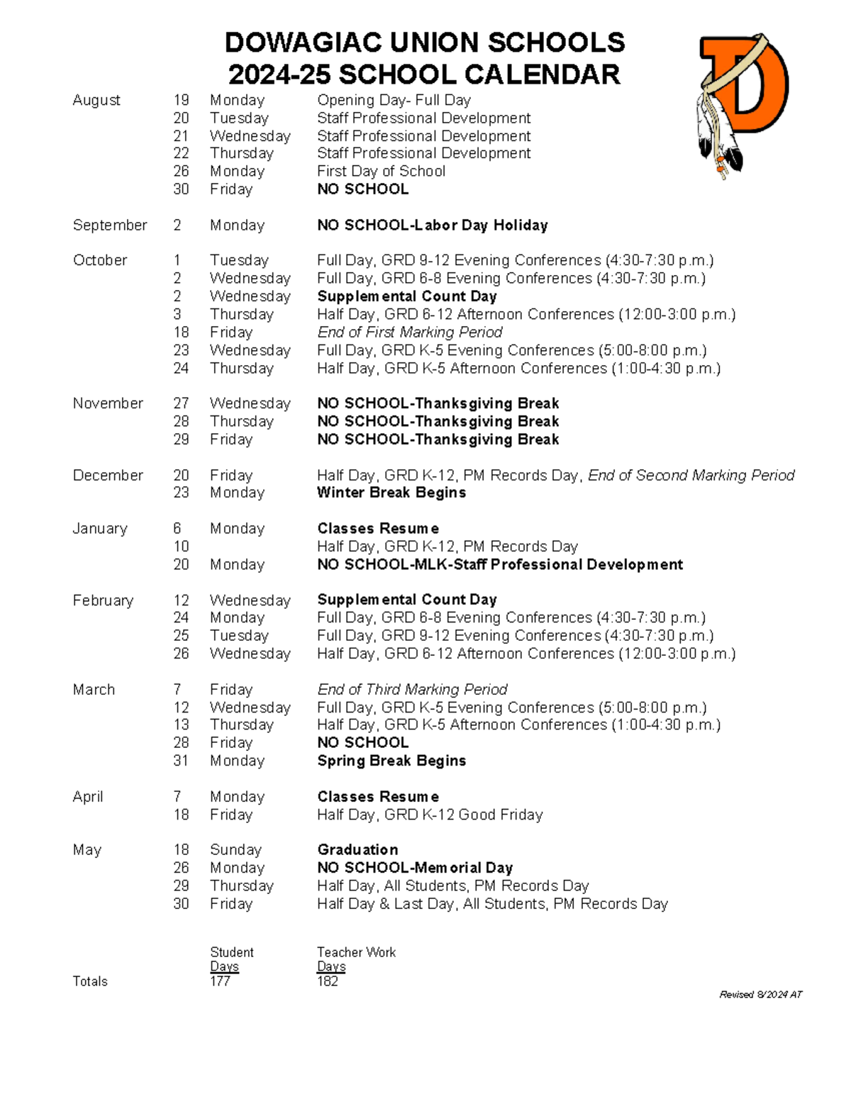 NEW Dates 2024-25 SY Calendar 8 - DOWAGIAC UNION SCHOOLS 2024-25 SCHOOL ...