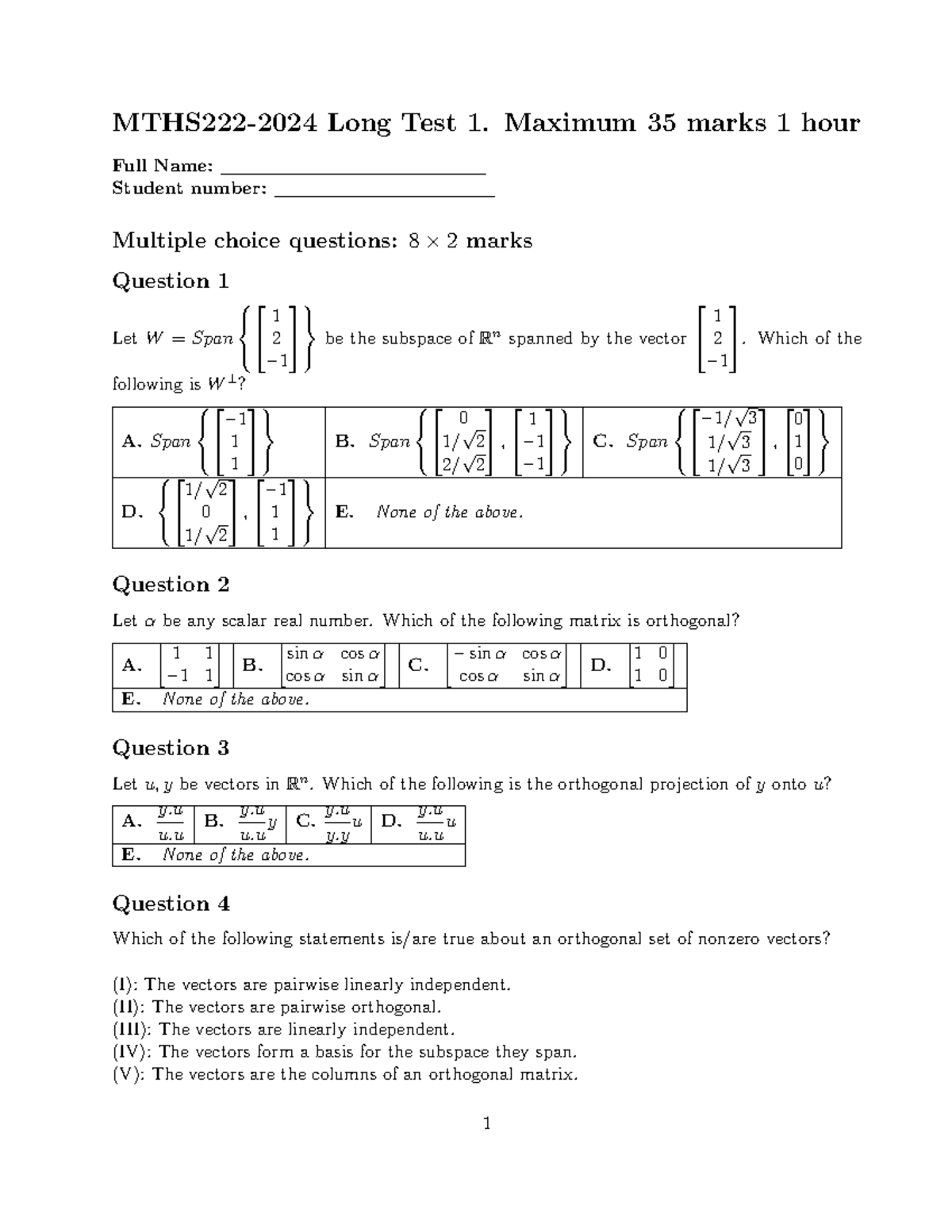 Test1 - Linear Algebra Long Test 1 (Max 35 Marks) 2025 - Studocu