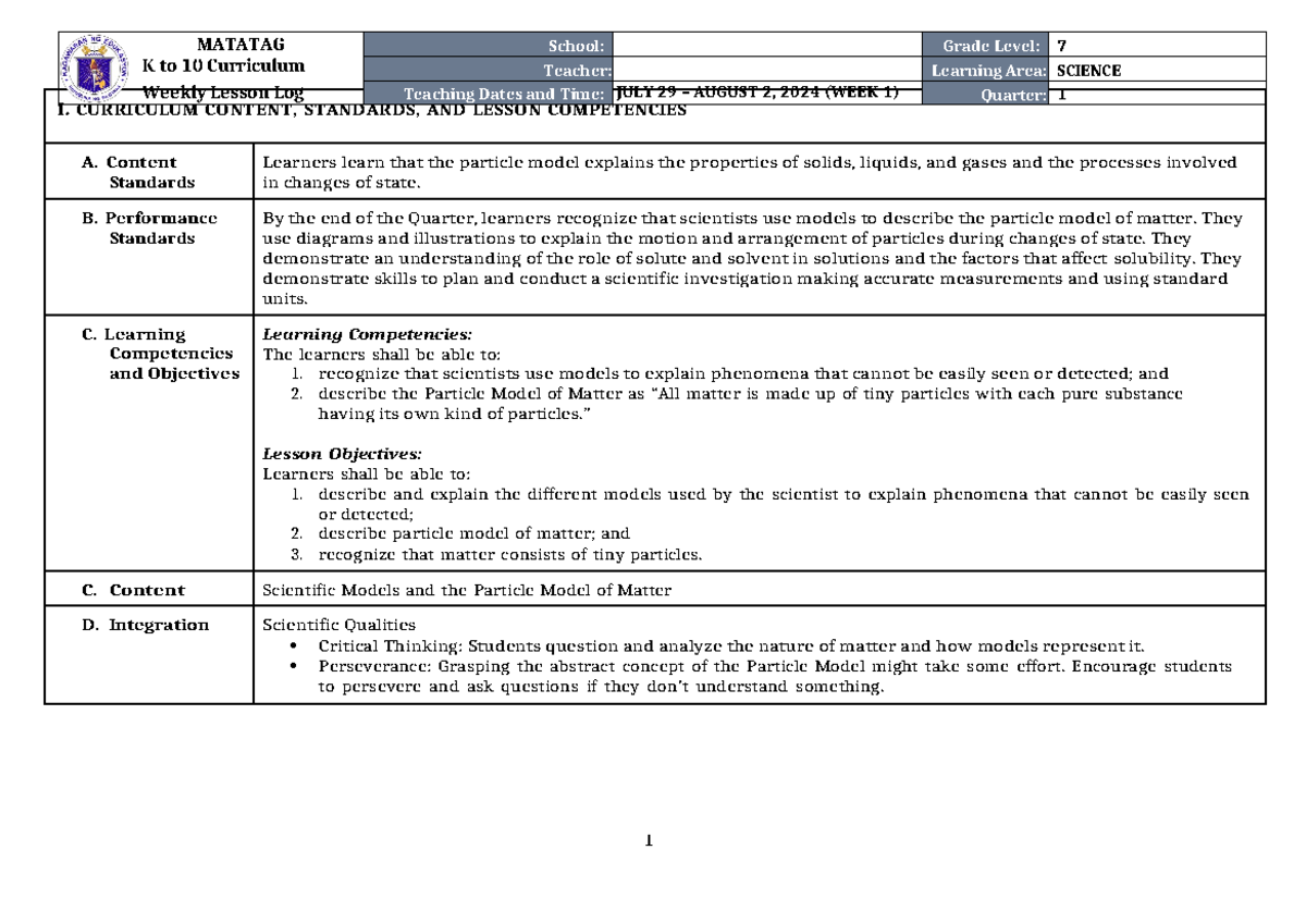 Matatag Science 7 Q1 - I. CURRICULUM CONTENT, STANDARDS, AND LESSON ...