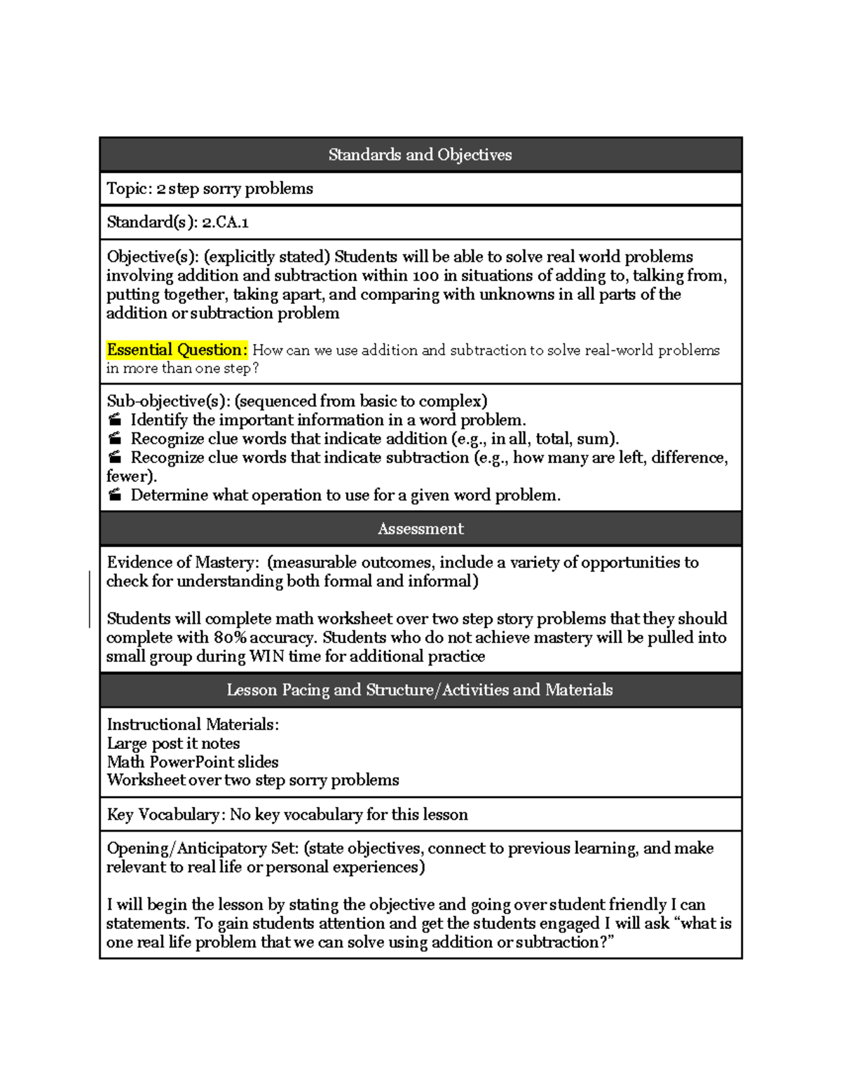 D631 Task 3 - 2-Step Story Problems for 2nd Grade Math Lesson - Studocu