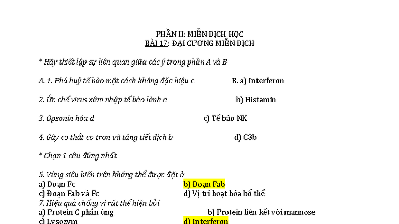 PHẦN II: MIỄN DỊCH HỌC BÀI 17: ĐẠI CƯƠNG MIỄN DỊCH - Trắc Nghiệm - Studocu