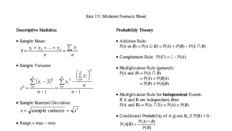 Stat 151 Midterm Formula Sheet: Descriptive Stats & Probability - Studocu
