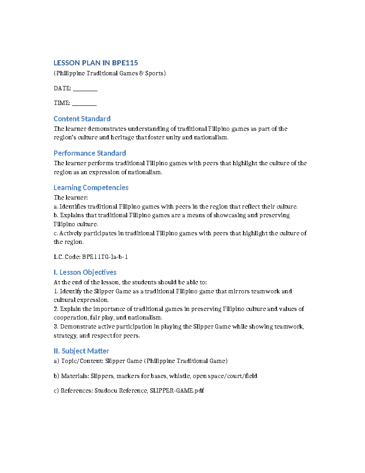 Lesson Plan for BPE115: Philippine Traditional Games - Slipper Game ...