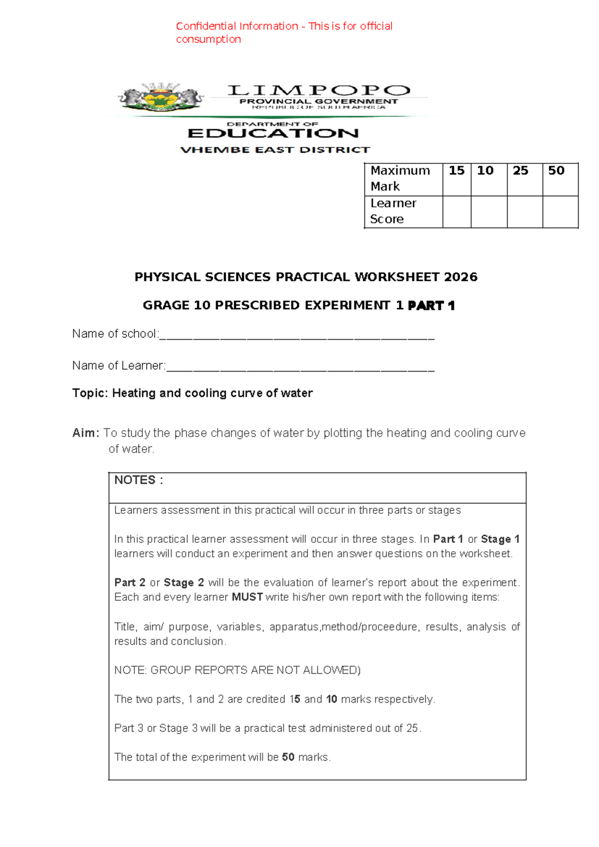 2026 Physical Sciences Gr 10 Practical Worksheet: Heating & Cooling ...