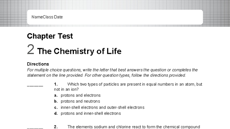 BIO CH02 Chapter 2 Test - The Chemistry of Life Quiz - Studocu