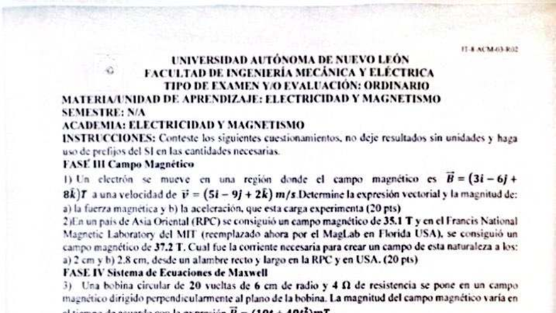 Examen Ordinario: Electricidad y Magnetismo - UANL 2024 - Studocu