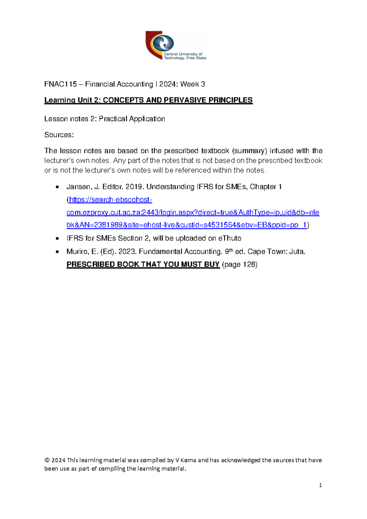 FNAC115 Learning Unit 2 Practical Application Lesson Notes 2024 - Studocu