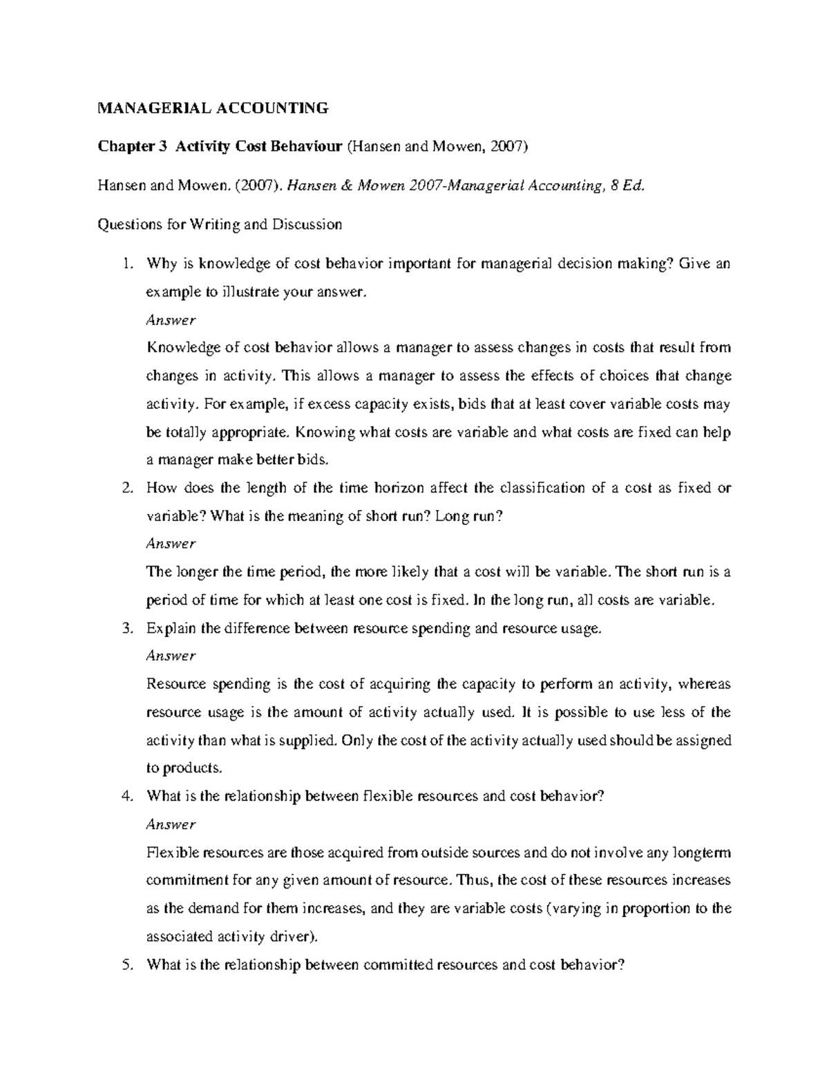 Managerial Accounting: Chapter 3 Activity Cost Behavior Q&A Solutions - Studocu