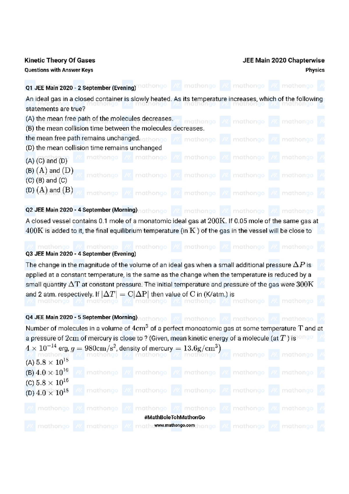 Kinetic theory of gases questions jee main 2020 chapterwise question ...