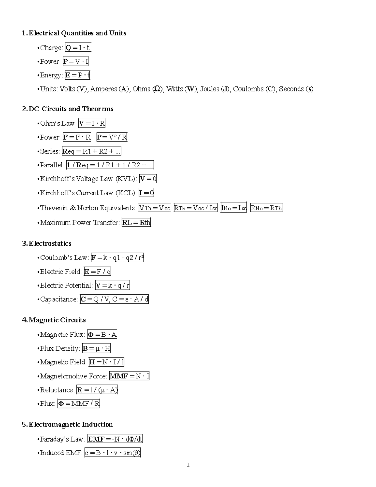 EE Formula Sheet Final: Key Concepts and Equations - Studocu
