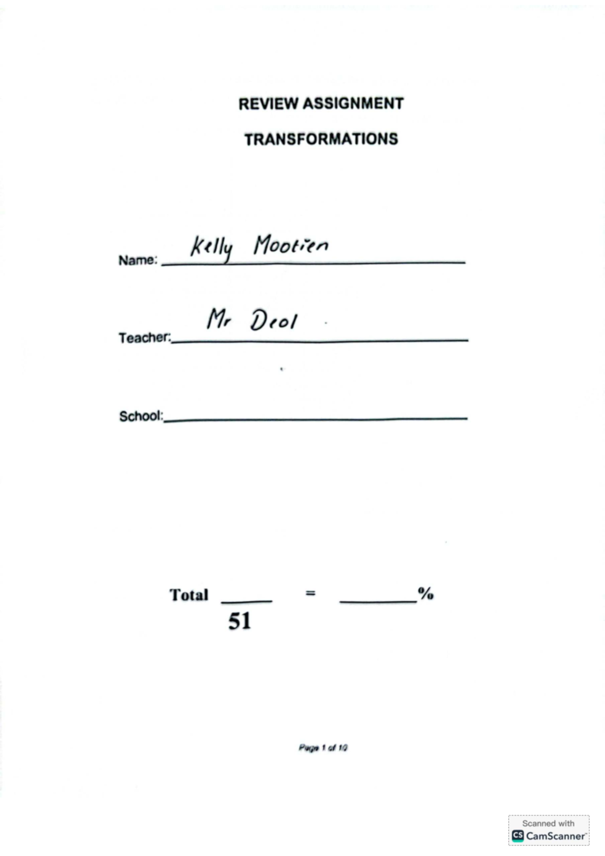 Transformations Review Assignment - Math 101 - Studocu