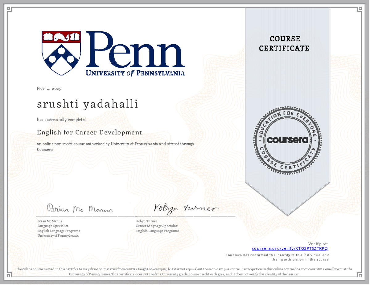 English for Career Development Certificate - Coursera - Studocu