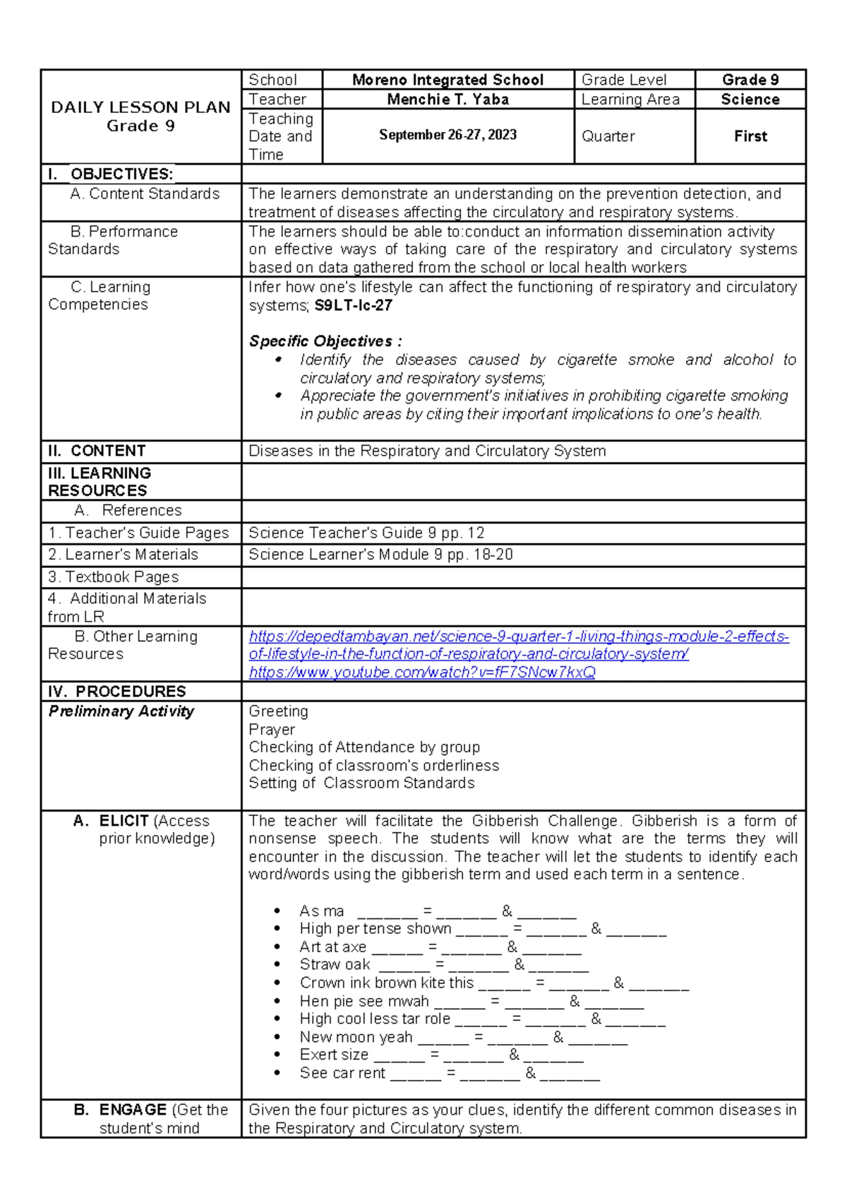 DLP Q1 W2 - Grade 9 Science Lesson Plan on Blood Circulation Systems ...