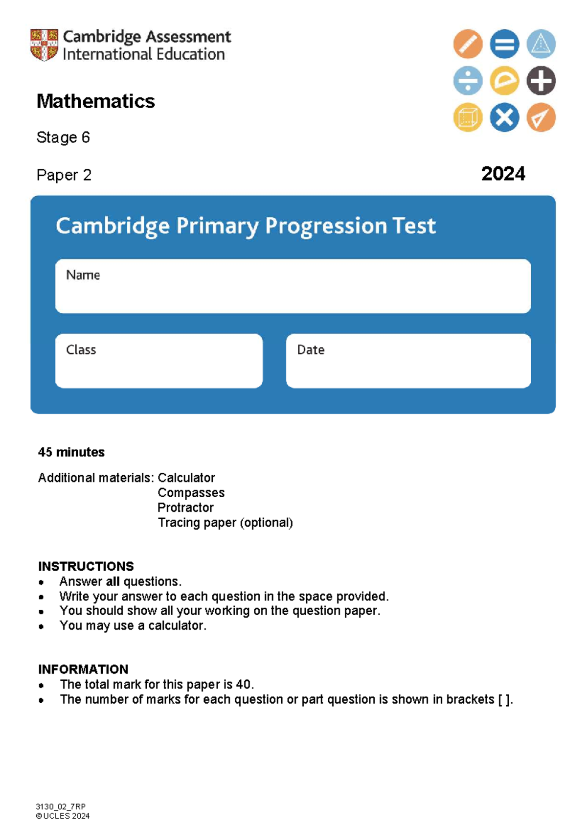 Cambridge Primary Progression Test - Mathematics 2024 Stage 6 - Paper 2 ...