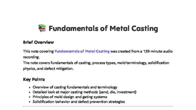 Foundations of Metal Casting: Key Concepts and Processes - Studocu