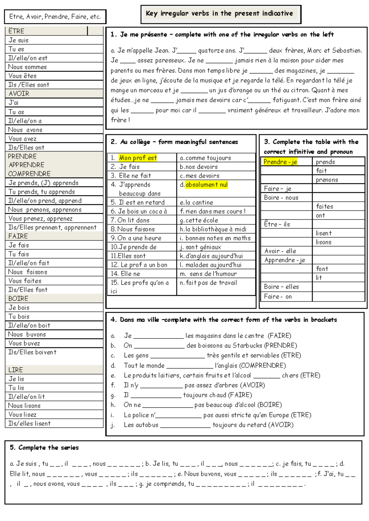 Key Irregular Verbs in Present Indicative: Être, Avoir, Prendre, Faire ...